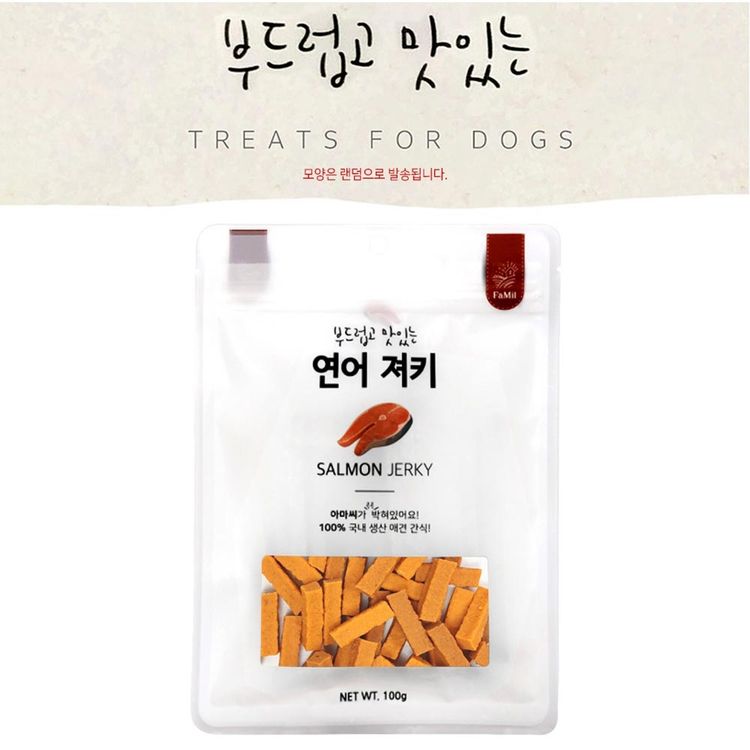 파밀 강아지간식 부드럽고 맛있는 연어져키 100g 랜덤 홈플러스 택배배송