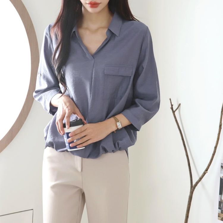여자 트임 카라넥 찰랑 루즈핏 7부반팔 무지 블라우스 홈플러스 택배배송