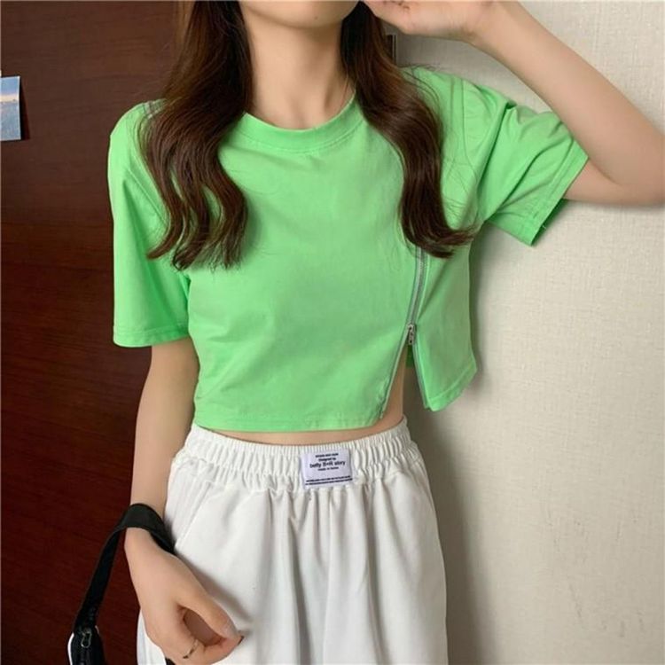 언발런스 지퍼 반팔 크롭티 여성 반팔티네온그린 홈플러스 택배배송