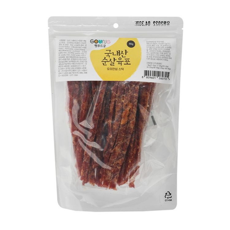 바보사랑 펫푸드궁 국내산 순살육포 오리안심 스틱 80g 홈플러스 택배배송