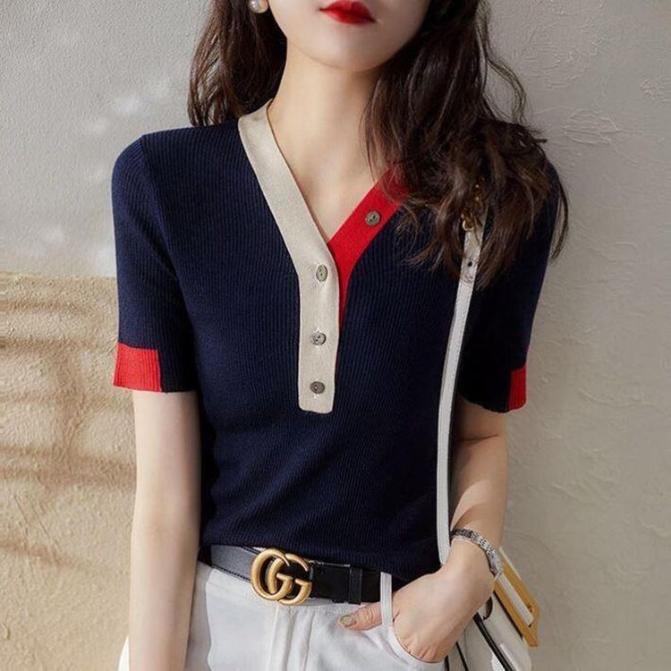 퓨어 실용적인 N6213a97717 배색 단추 니트 여자 예쁜 브이넥 셔츠 네이비 홈플러스 택배배송