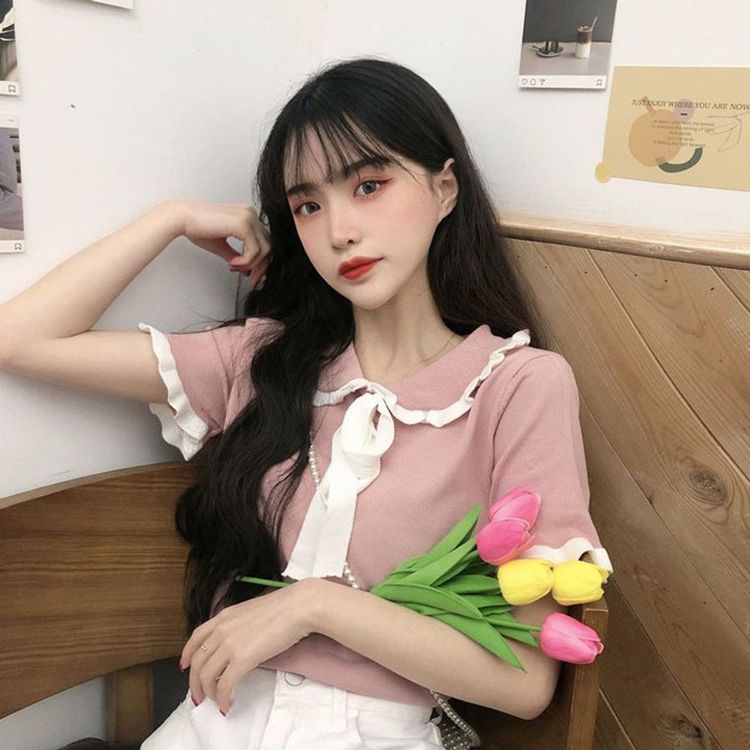 여성스런 프릴카라 여친룩 둥근카라 리본프릴 반팔티 홈플러스 택배배송