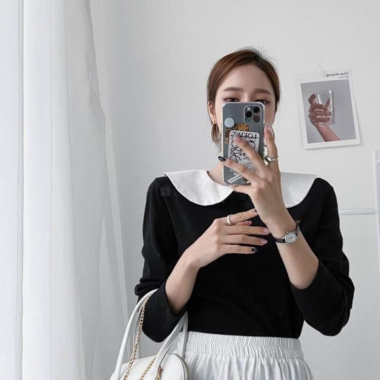 여자 라운드 빅카라 배색 슬림 면티 긴팔 티셔츠 홈플러스 택배배송