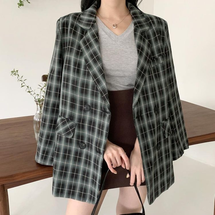 여자 캐주얼 테일러드 더블버튼 루즈핏 체크 자켓 홈플러스 택배배송