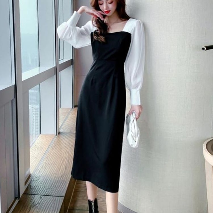 스퀘어넥 롱원피스 배색컬러 시스루 소매 볼륨핏 홈플러스 택배배송