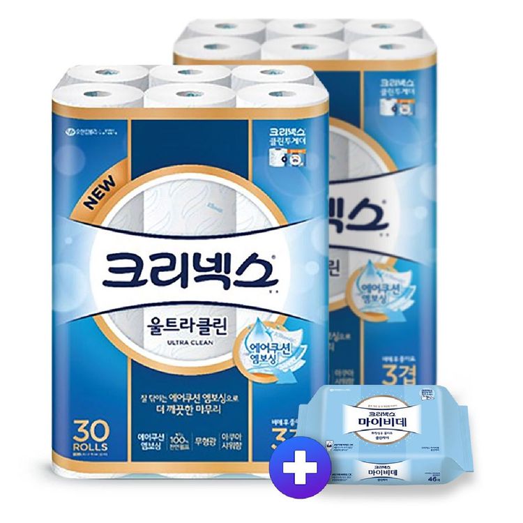 크리넥스 울트라 클린 3겹 화장지 25m 30롤 2팩 비데 물티슈 46매 홈플러스 택배배송