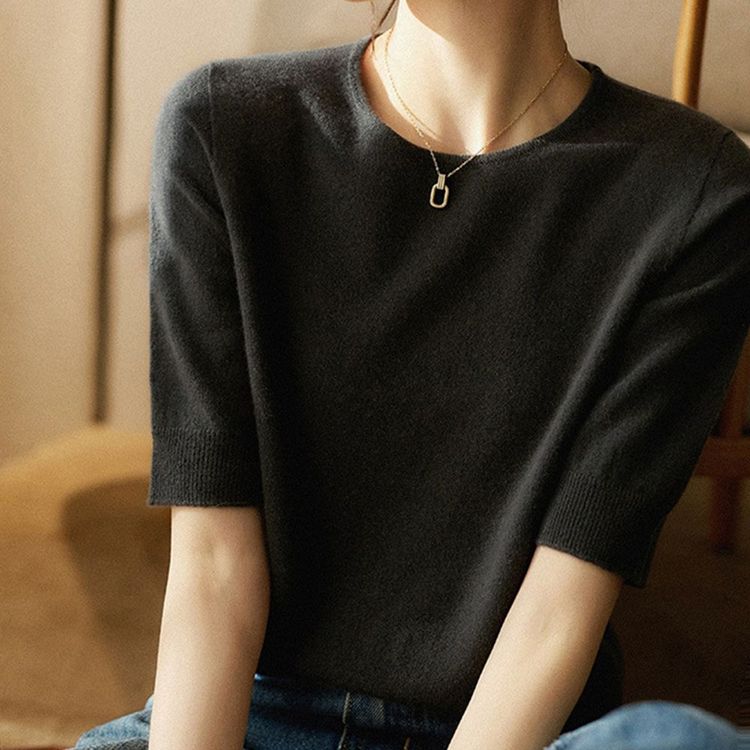 심플 모노톤 라운드넥 반팔 여름 여성 니트 블랙 홈플러스 택배배송