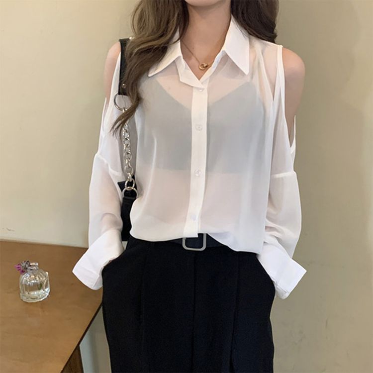 여자 숄더 어깨 트임 루즈 시스루 얇은 긴팔 블라우스 홈플러스 택배배송