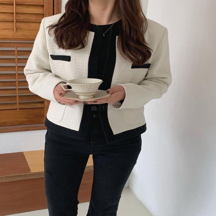 여자 배색 플랩 울원단 노카라 트위드 정장 자켓 홈플러스 택배배송