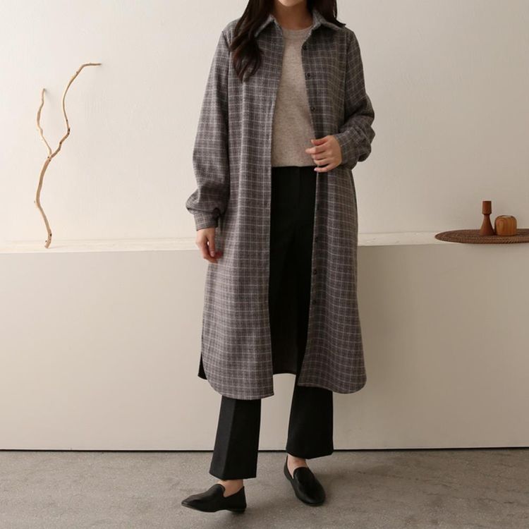 여자 카라 캐주얼 체크 데일리 버튼 트임 롱 코트 홈플러스 택배배송