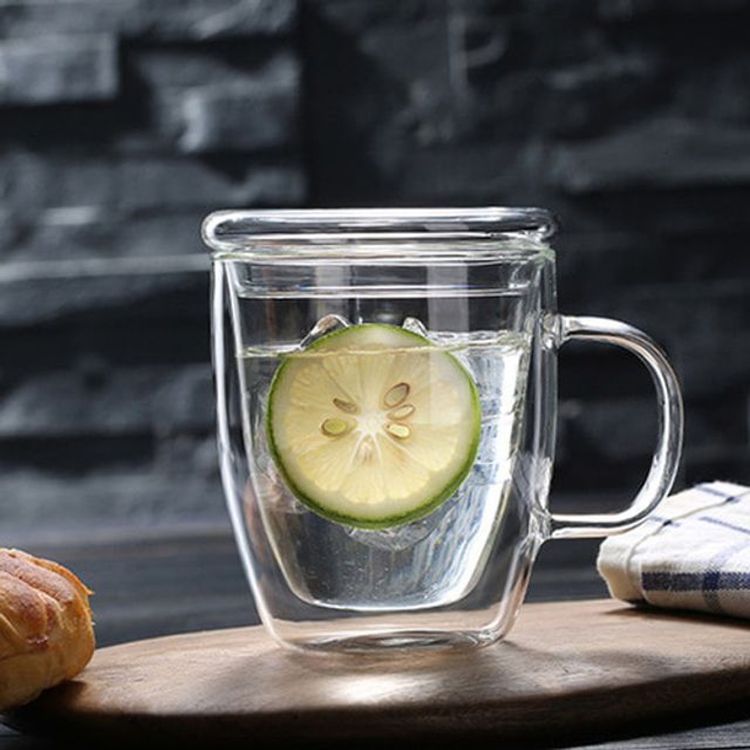이중 유리머그컵 375ml 뚜껑포함 핸들 물컵 유리잔 홈플러스 택배배송