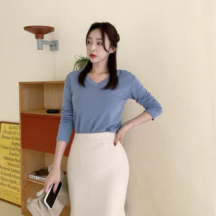 여자 기본 긴팔티 기모안감 스판 트임 V넥 티셔츠 홈플러스 택배배송