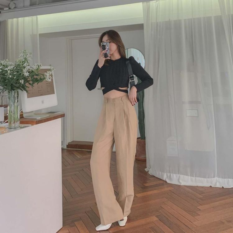 여자 일상룩 핀턱 와이드핏 린넨 슬랙스 팬츠 홈플러스 택배배송