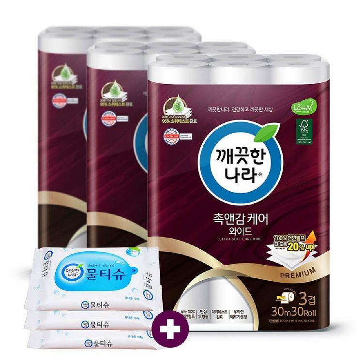 깨끗한나라 촉앤감 케어 와이드 화장지 30m 30롤 3팩 휴대용 물티슈 10매 3개 홈플러스 택배배송