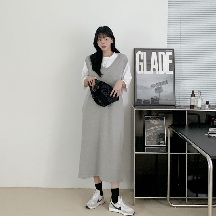 여자 캐쥬얼 일자 브이넥 솔리드 민소매 롱원피스 홈플러스 택배배송