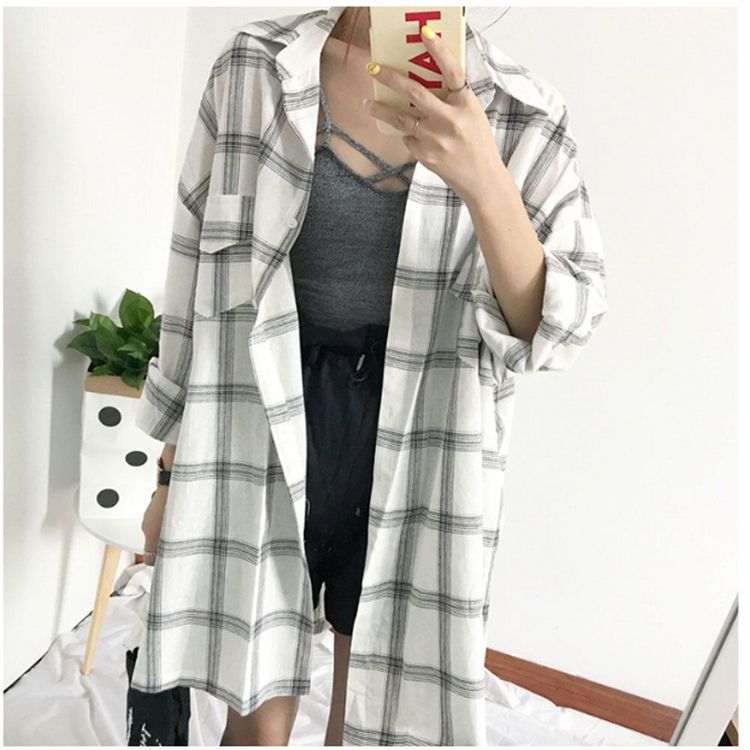 캐주얼 패션 여성 오버핏 체크 긴팔 티셔츠 롱 남방 홈플러스 택배배송