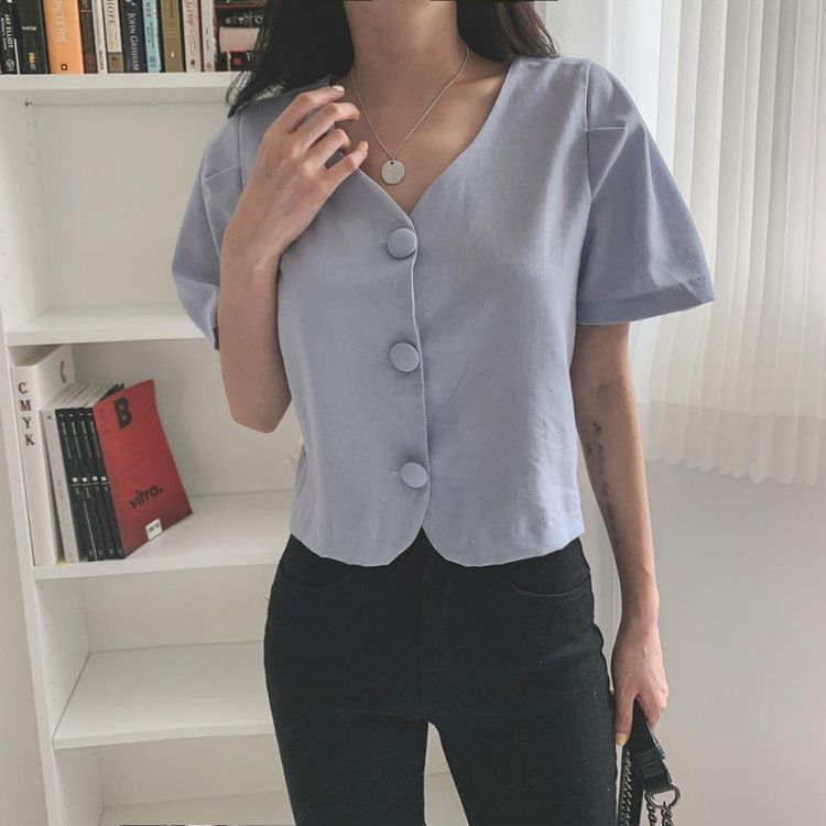 여자 브이넥 무지 반팔 버튼 청순 데일리 블라우스 홈플러스 택배배송