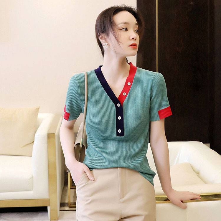 퓨어 실용적인 N6213a97716 배색 단추 니트 여자 예쁜 브이넥 셔츠 민트 홈플러스 판매자택배