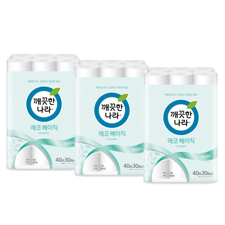 깨끗한나라 에코베이직 2겹 40m 30롤 3팩 홈플러스 택배배송