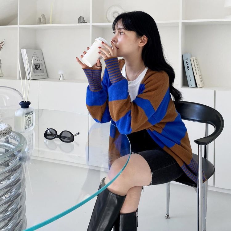 여자 단가라 줄무늬 시보리 비비드 루즈핏 가디건 홈플러스 택배배송