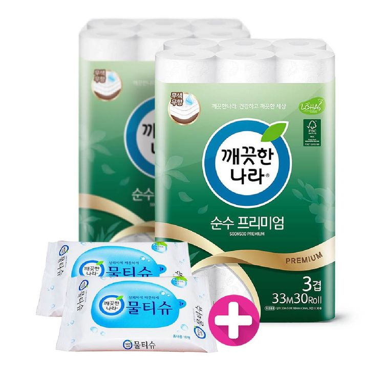 깨끗한나라 순수 프리미엄 3겹 화장지 33m 30롤 2팩 휴대용 물티슈 10매 2개 홈플러스 택배배송