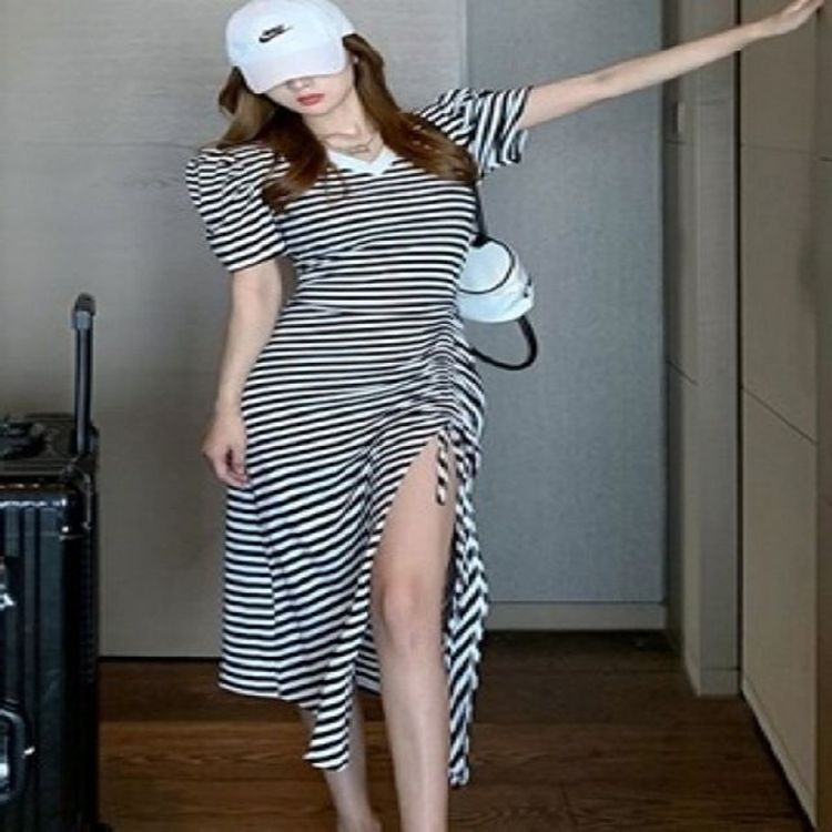 스트라이프 브이넥 셔링 롱원피스 여성의류 데이트룩 홈플러스 택배배송
