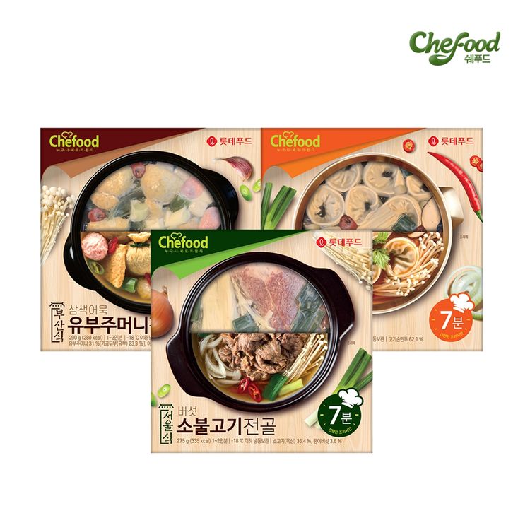 롯데 쉐푸드 전골 3종 세트유부주머니290g 만두290g 소불고기275g 각1개 홈플러스 택배배송