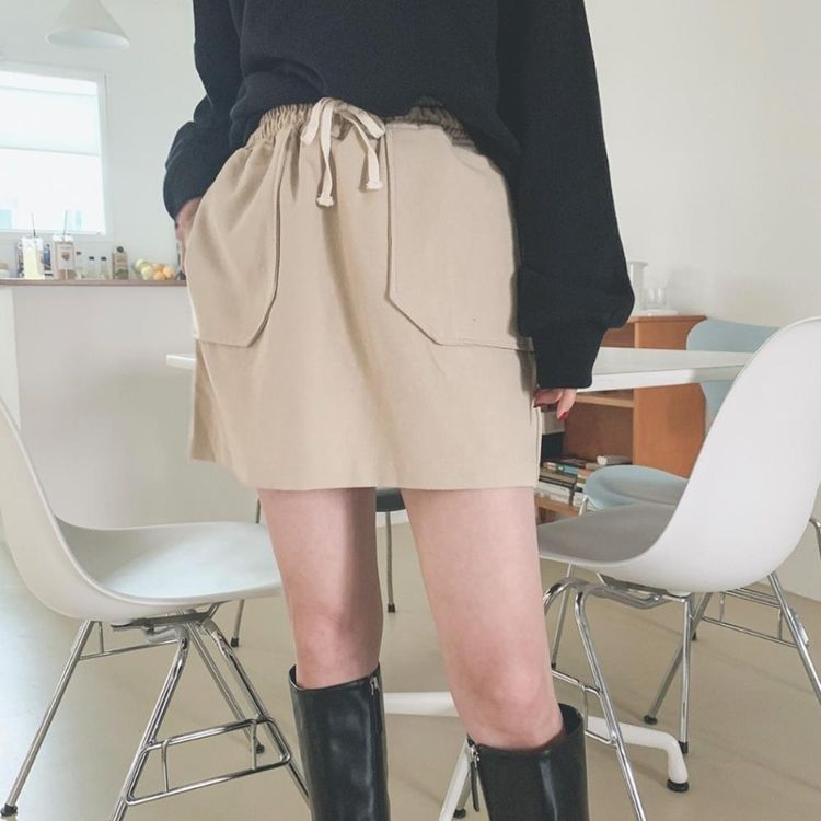 여자 리본끈 밴딩치마 빅포켓 심플 A 미니스커트 홈플러스 택배배송
