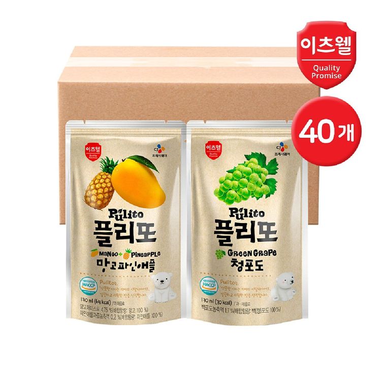 Cj이츠웰 플리또 과일주스 파우치 130ml 혼합 40개 망고 20청포도 20 홈플러스 택배배송