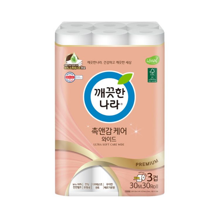 깨끗한나라 촉앤감 케어 와이드 3겹 30m 30롤 1팩 홈플러스 택배배송