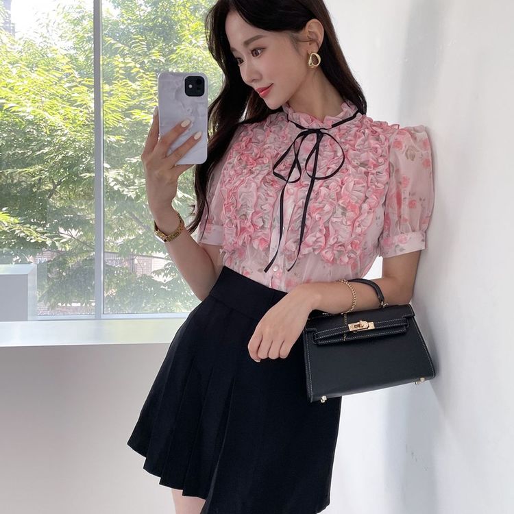 여자 프릴 퍼프 반팔 시스루 홀복 플라워 블라우스 홈플러스 택배배송