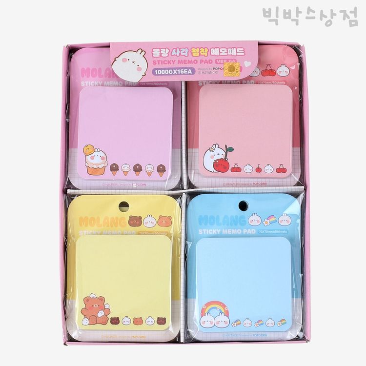 빅박스상점 몰랑 사각 점착 메모패드 16개 1박스 버전4 접착메모지 캐릭터 필기구 몰랑이 홈플러스 택배배송