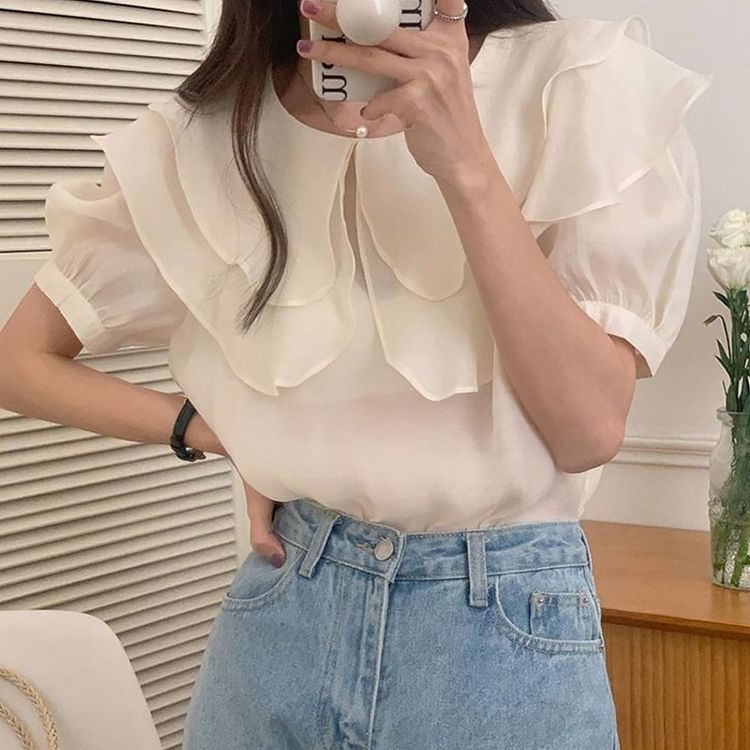 빅카라 정장 쉬폰 셔링 어깨퍼프 반팔 여름 블라우스 홈플러스 택배배송