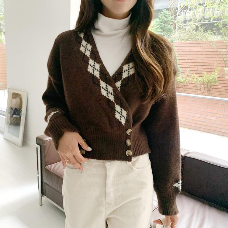 여자 아가일 랩 크롭 버튼 데일리 캐주얼 가디건 홈플러스 택배배송