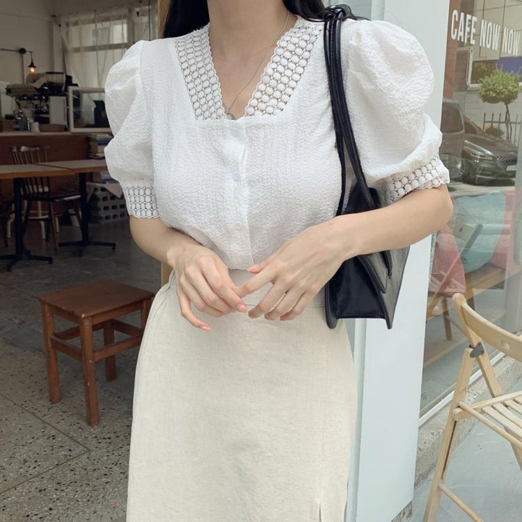 여자 레이스 브이넥 퍼프소매 페미닌 솔리드 블라우스 홈플러스 택배배송