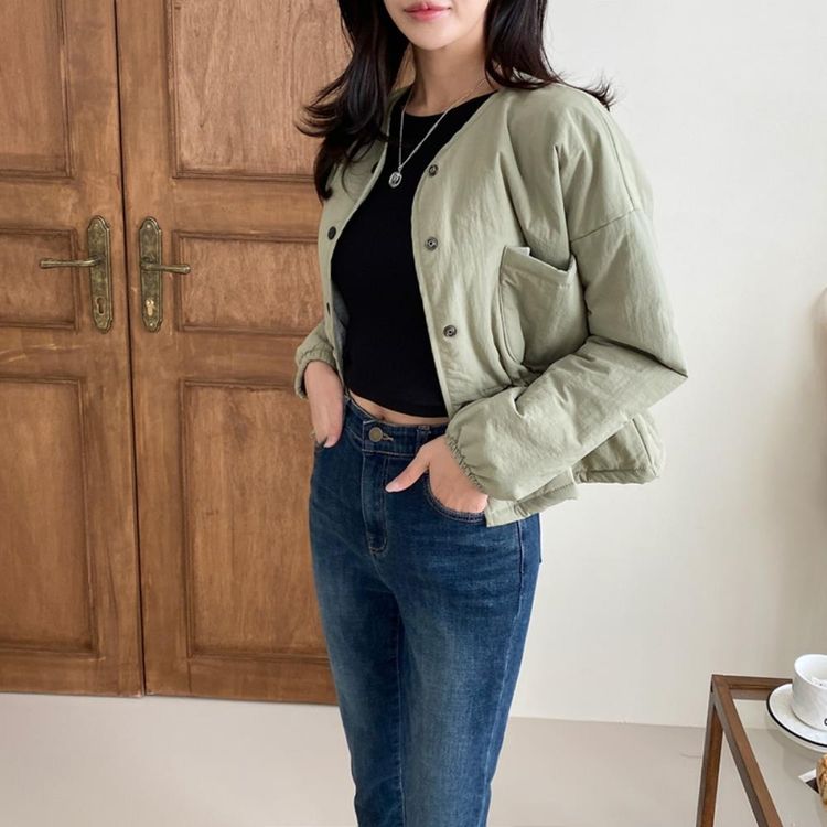 여자 노카라 브이넥 크롭 점퍼 스트링 얇은 패딩 홈플러스 택배배송