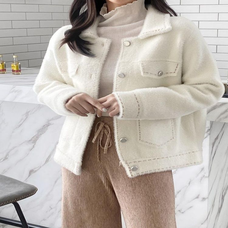 여자 귀여운 퐁퐁 니트 카라넥 스티치 포켓 자켓 홈플러스 택배배송