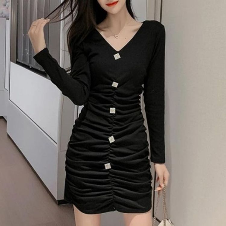 여자 슬림핏 원피스 주름 원피스 브이넥 큐빅 원피 홈플러스 택배배송