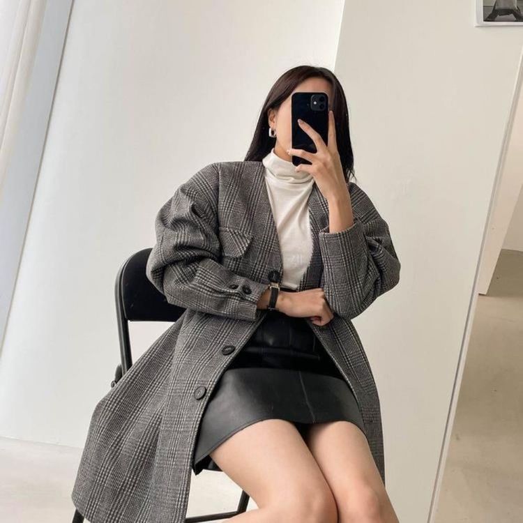 여자 A라인 브이넥 노카라 어깨 패드 누빔 체크 자켓 홈플러스 택배배송