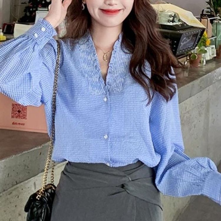 블루컬러 여성 블라우스 셔츠 브이넥 셔링셔츠 홈플러스 판매자택배