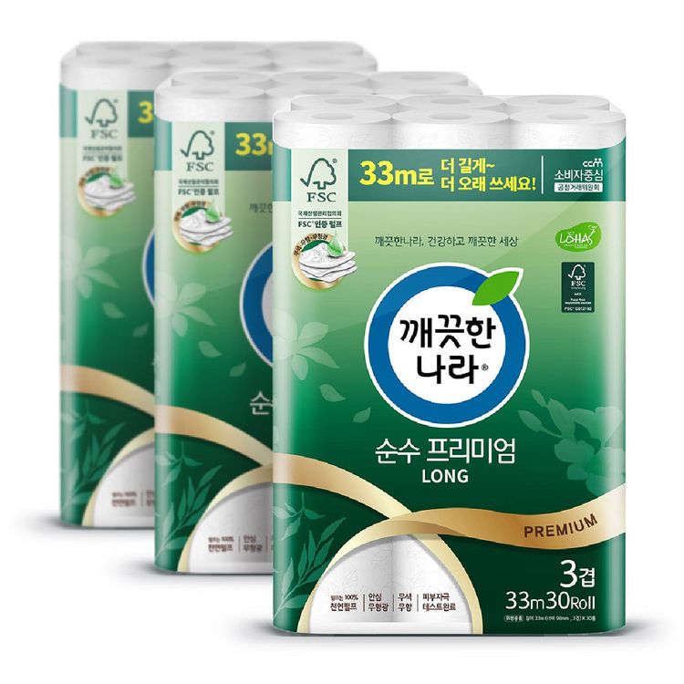 순수 프리미엄 화장지 33m 30롤 3팩 휴지 두루마리 홈플러스 택배배송