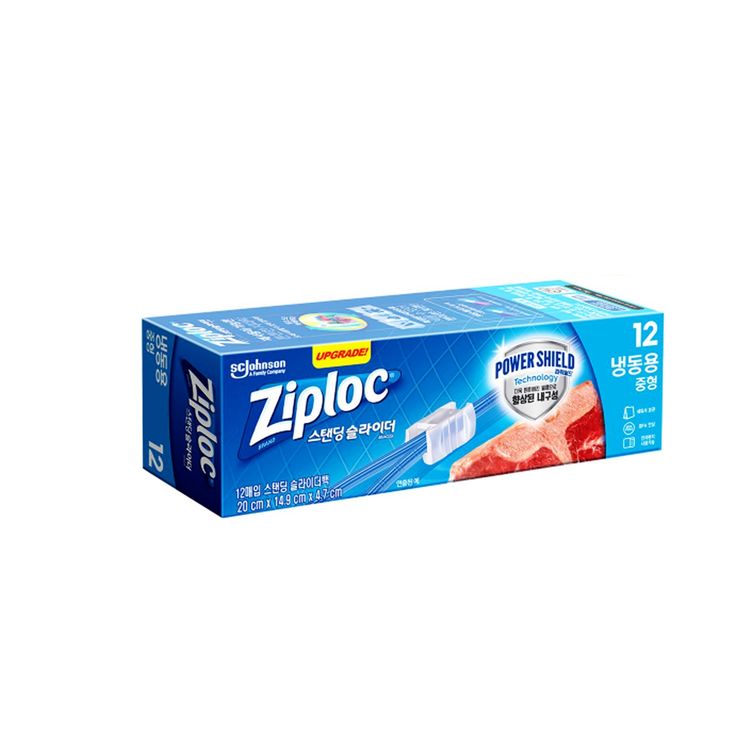 Ziploc 지퍼락 지퍼백 파워실드 스탠딩 슬라이더백 밀폐용백 냉동용 중형 12매입 지퍼팩 홈플러스 택배배송