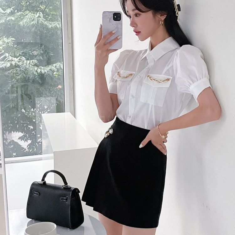 여자 진주 꼬임 트위스트 퍼프 반팔 포켓 블라우스 홈플러스 택배배송