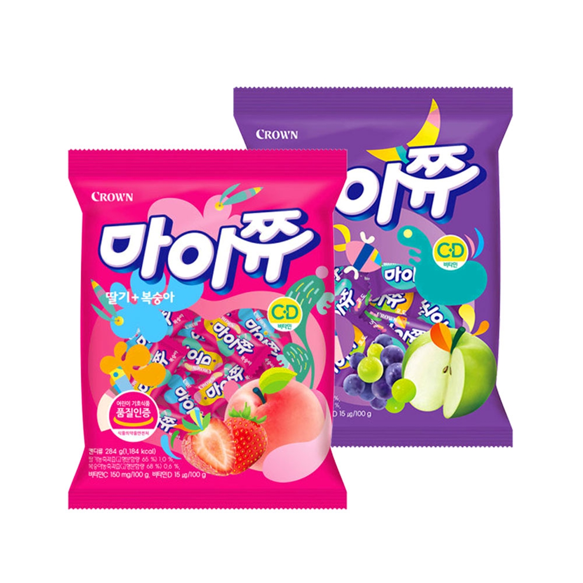 크라운 마이쮸 봉지 284g 세트 총 8봉 딸기복숭아 4봉 포도사과 4봉 홈플러스 택배배송